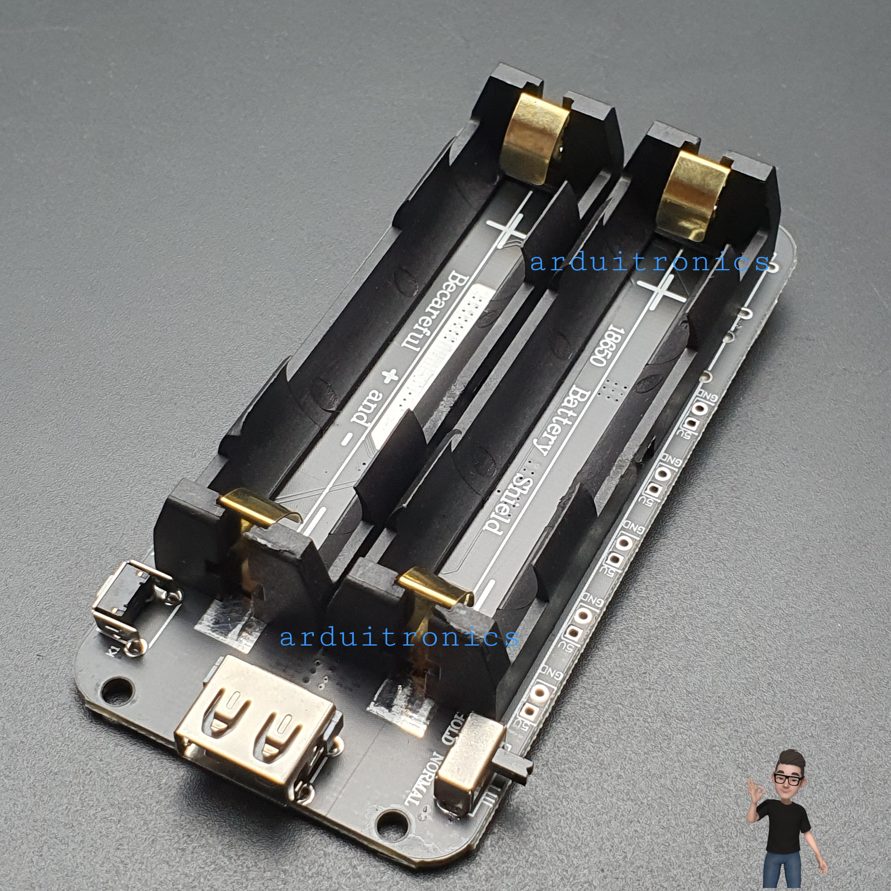 โมดูลชาร์จแบตเตอรี่ 18650 แบบ 2 ก้อน พร้อมช่องจ่ายไฟ Usb Battery Shield